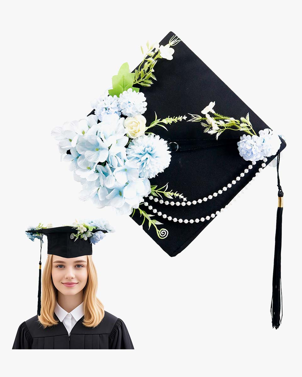 High School & Bachelor Matte Graduation Cap with Flower Decoration - 3