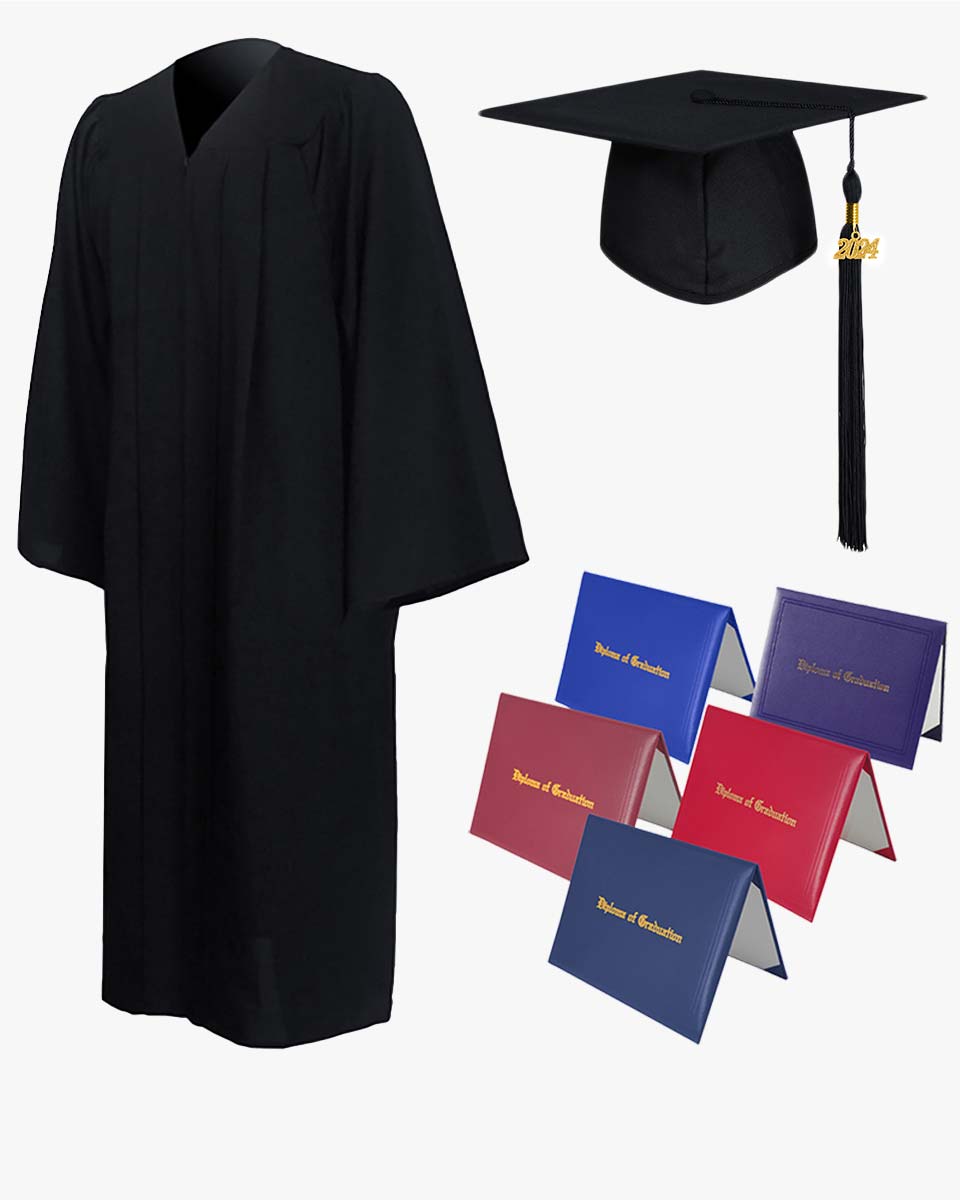 Premium Matte Graduation Cap,Gown,Tassel & Imprinted Diploma Cover Package