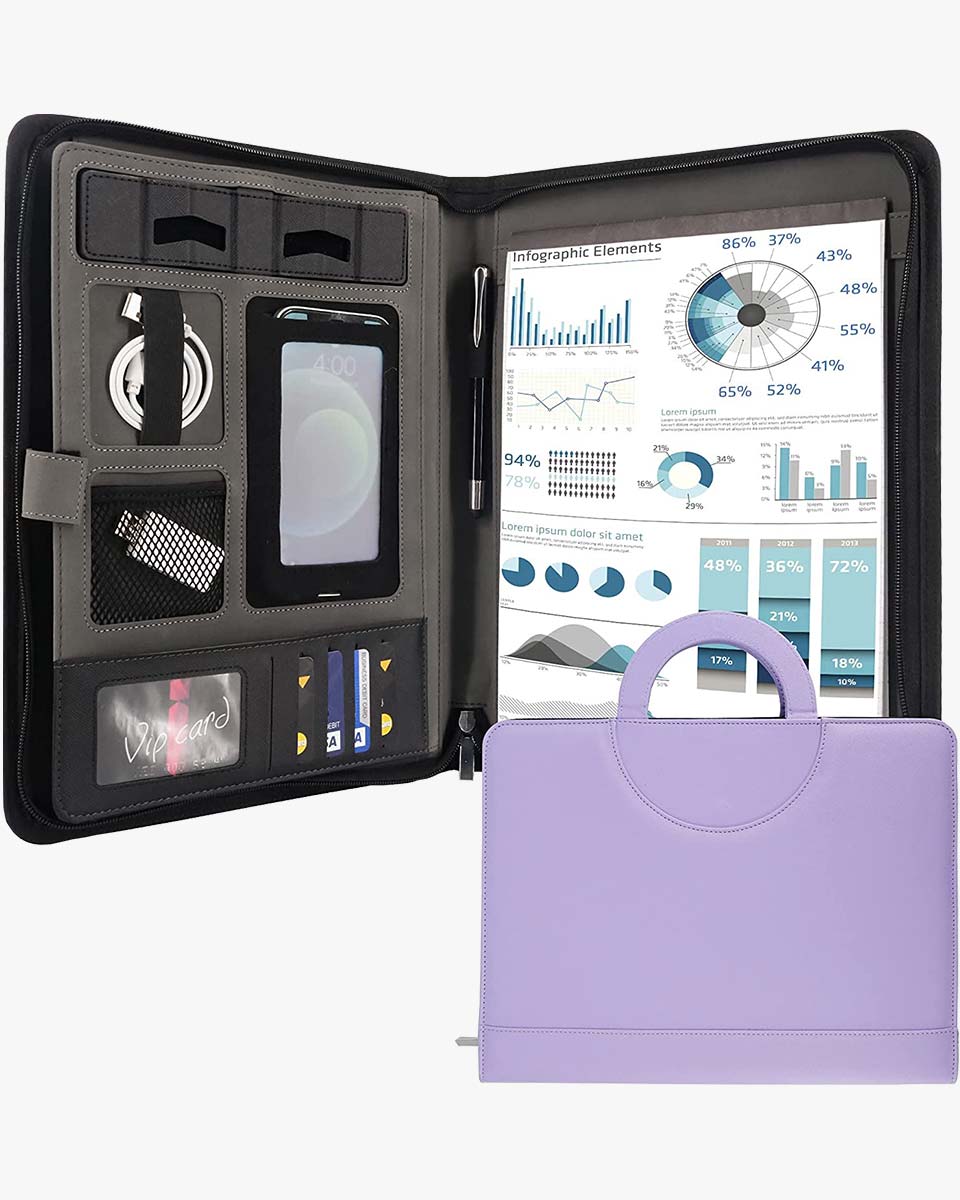 Zippered Leather Padfolio Portfolio with Hidden Handle Business ...