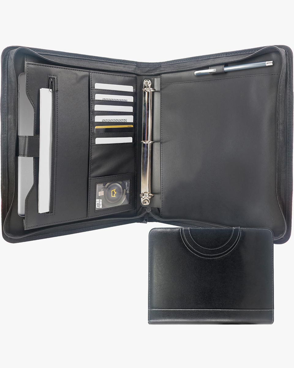 Zippered Black Faux Leather Portfolios Padfolio Binder with Hidden Han