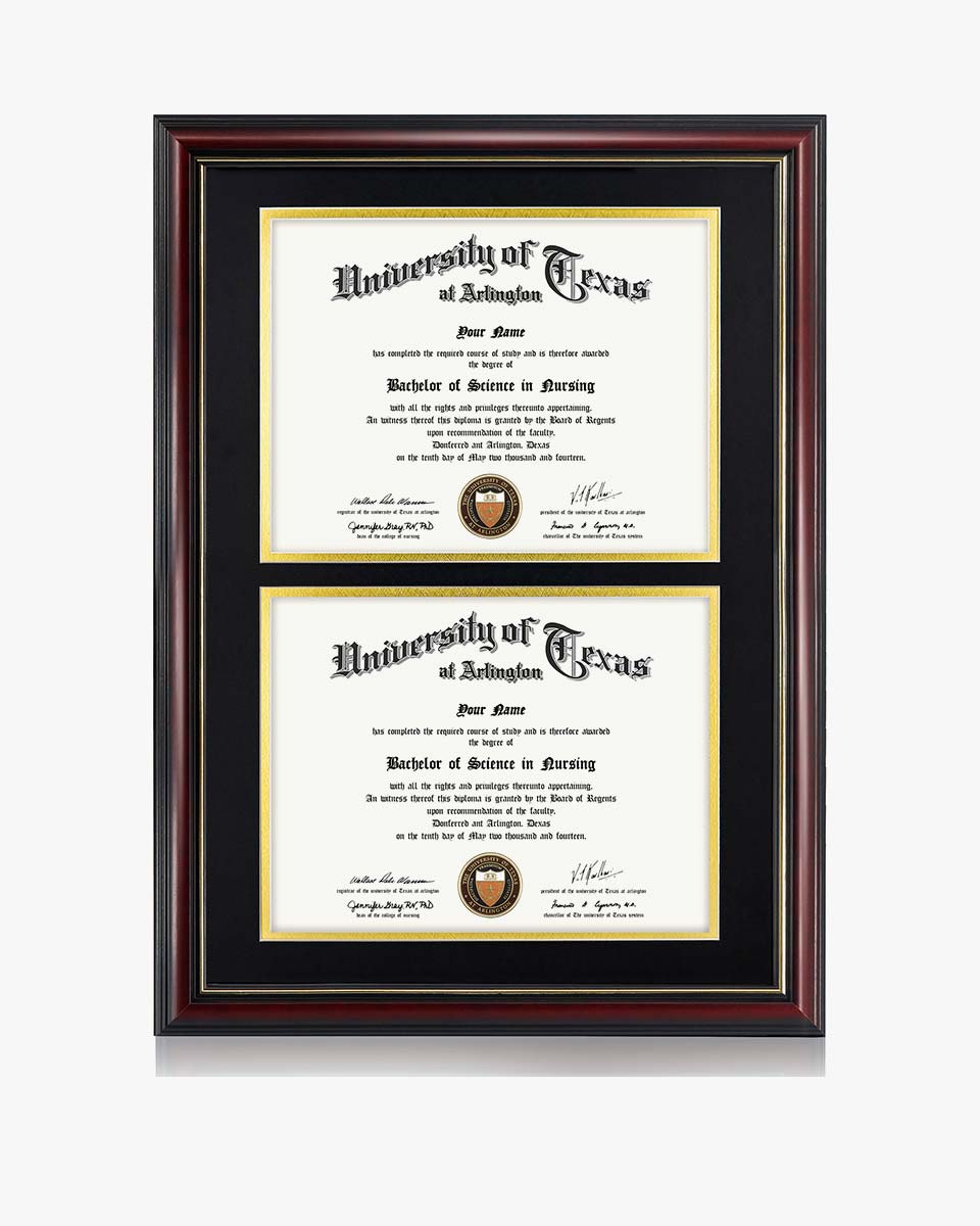Double Certificate Documents Frame Real Wood with Gold Trim for 8.5"*1